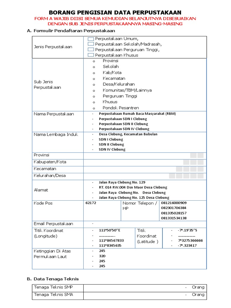 FORMULIR - BORANG PENGISIAN DATA PERPUSTAKAAN Kab. Bojonegoro | PDF