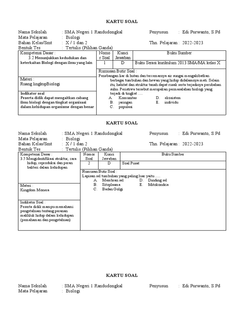 Kartu - Soal Bio Cadangan | PDF