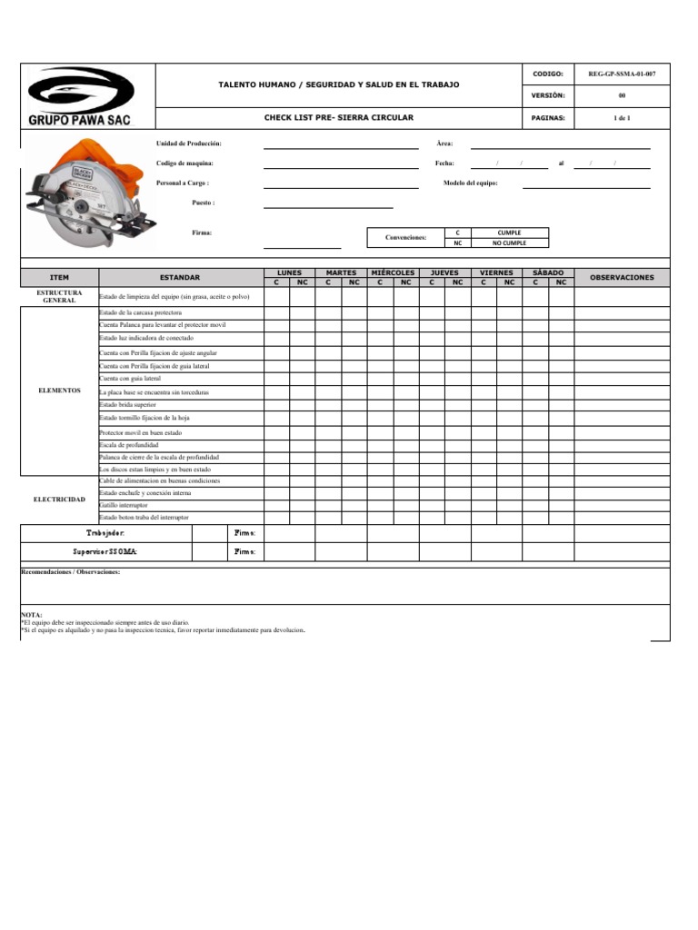 Reg GP Aa 01 013 Check List Cortadora | PDF | Bienes manufacturados