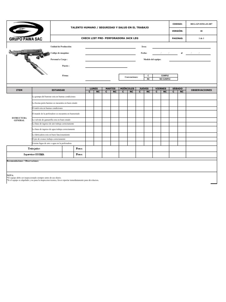 Reg-gp-Aa-01-012 - Check List Perforadora Jack Leg | PDF