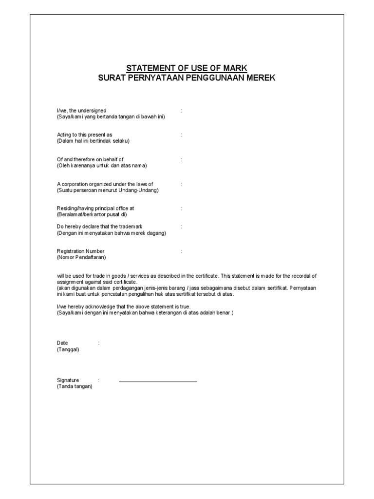 Statement of Use of Mark Surat Pernyataan Penggunaan Merek | PDF