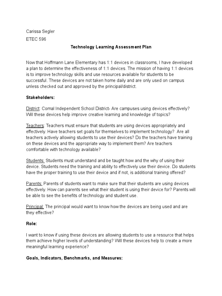 Etec 596 Technology Learning Assessment Plan | PDF | Teachers ...
