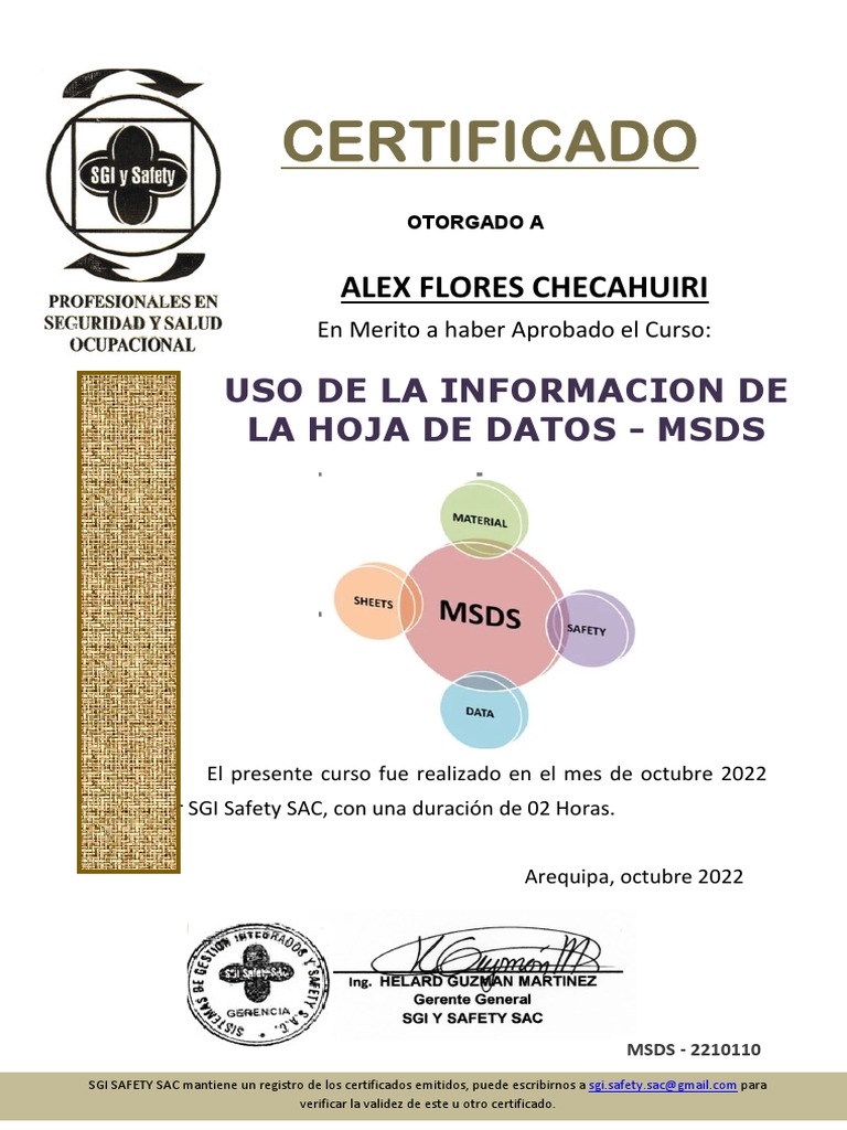 Certificado de Curso MSDS - SGI Safety SAC | PDF