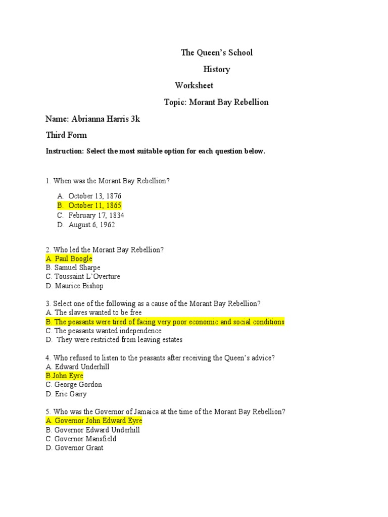 History Worksheet: Morant Bay Rebellion | PDF