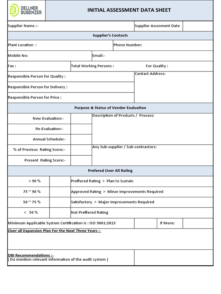 Initial Assessment Data Sheet: Supplier's Contacts | PDF | Audit ...