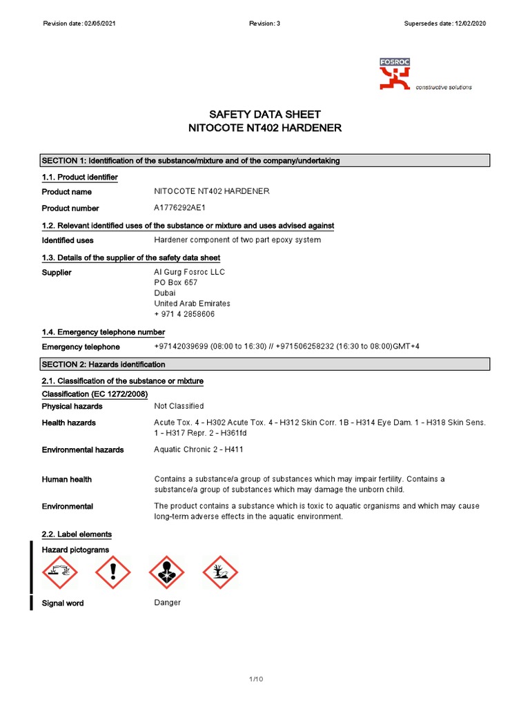 Safety Data Sheet for Nitocote NT402 Hardener | PDF | Toxicity | Personal Protective Equipment