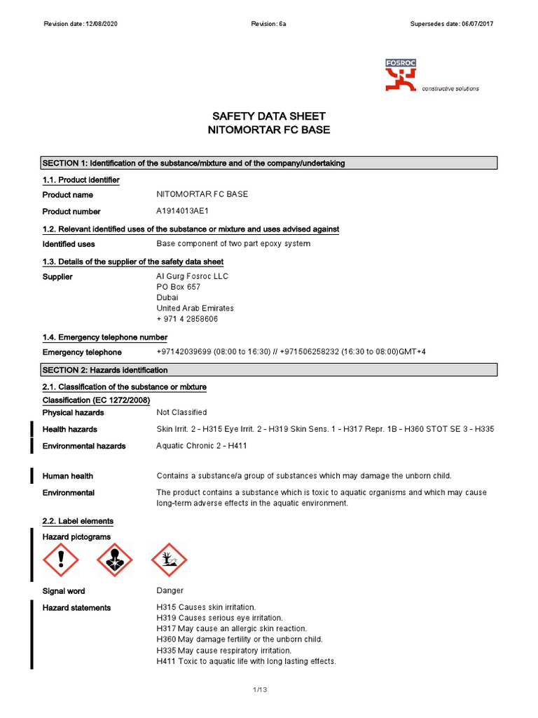 Nitomortar FC Base Safety Data Sheet | PDF | Carbon Dioxide | Toxicity