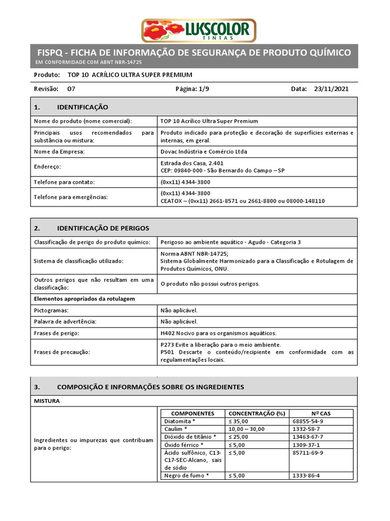 Fispq - Ficha de Informação de Segurança de Produto Químico | PDF ...