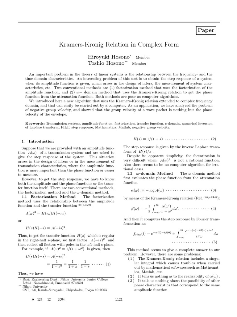 Kramers-Kronig Relation in Complex Form: Hiroyuki Hosono Toshio Hosono | PDF | Electrical ...