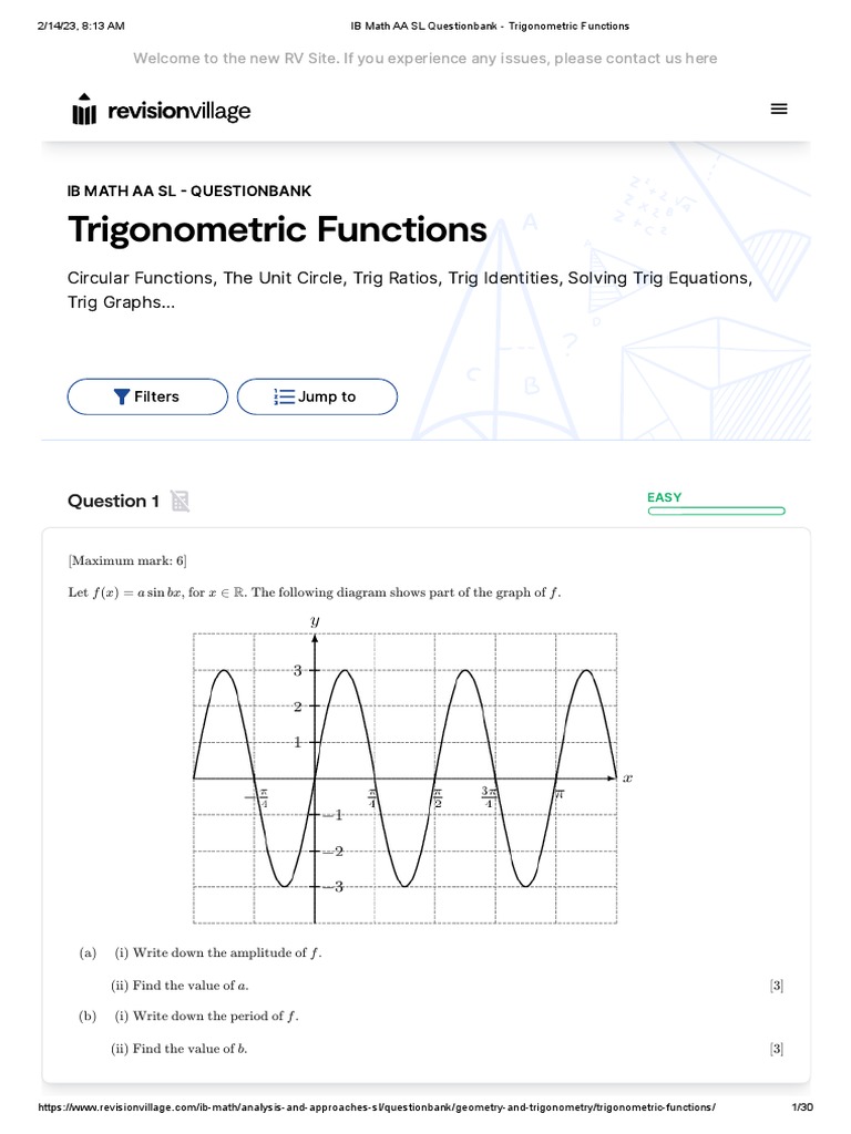 IB Math AA SL Questionbank - Trigonometric Functions | PDF ...