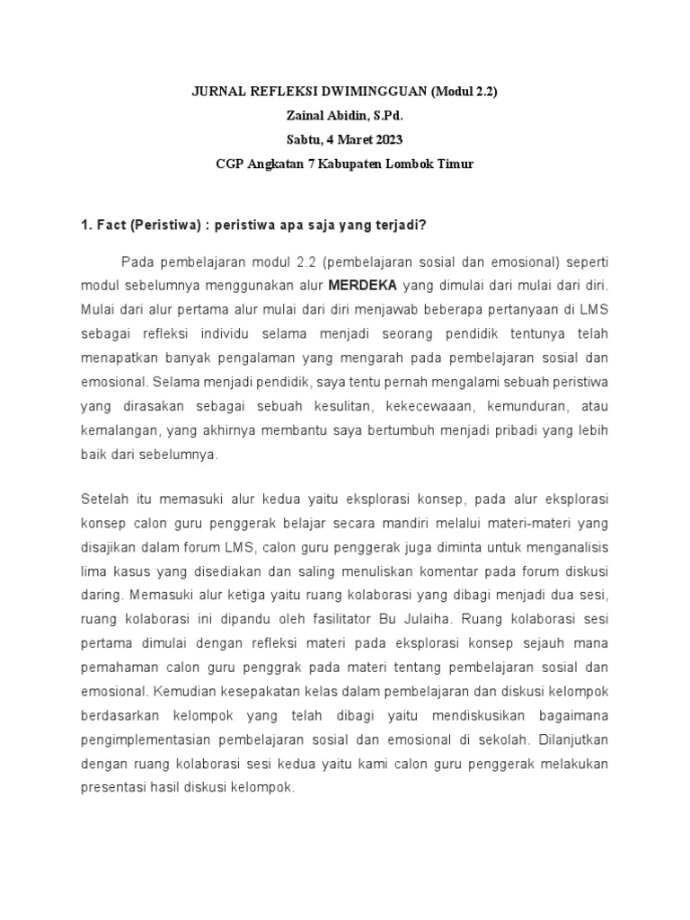 Jurnal Refleksi Dwimingguan Modul 2 2 Zainal Abidin A7 03 Pdf