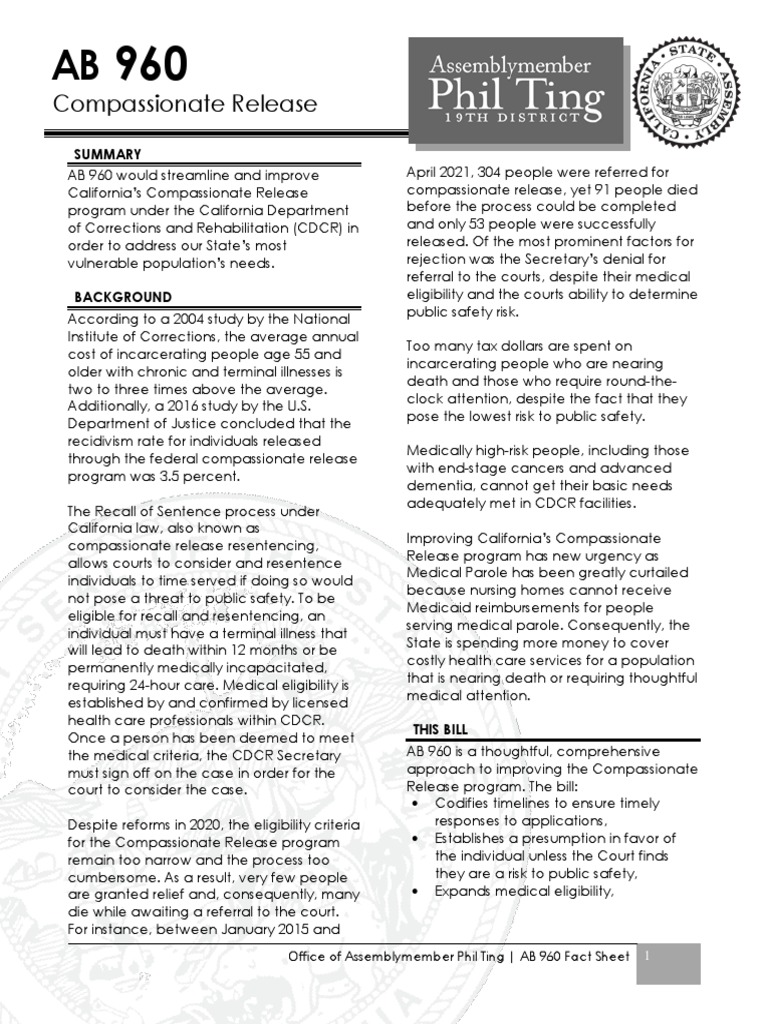 AB 960 (Ting) Compassionate Release Fact Sheet - Final | PDF | Health ...