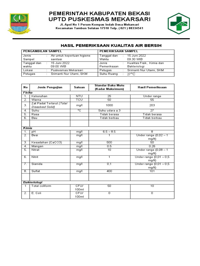 Laporan Kualitas Air Puskesmas | PDF