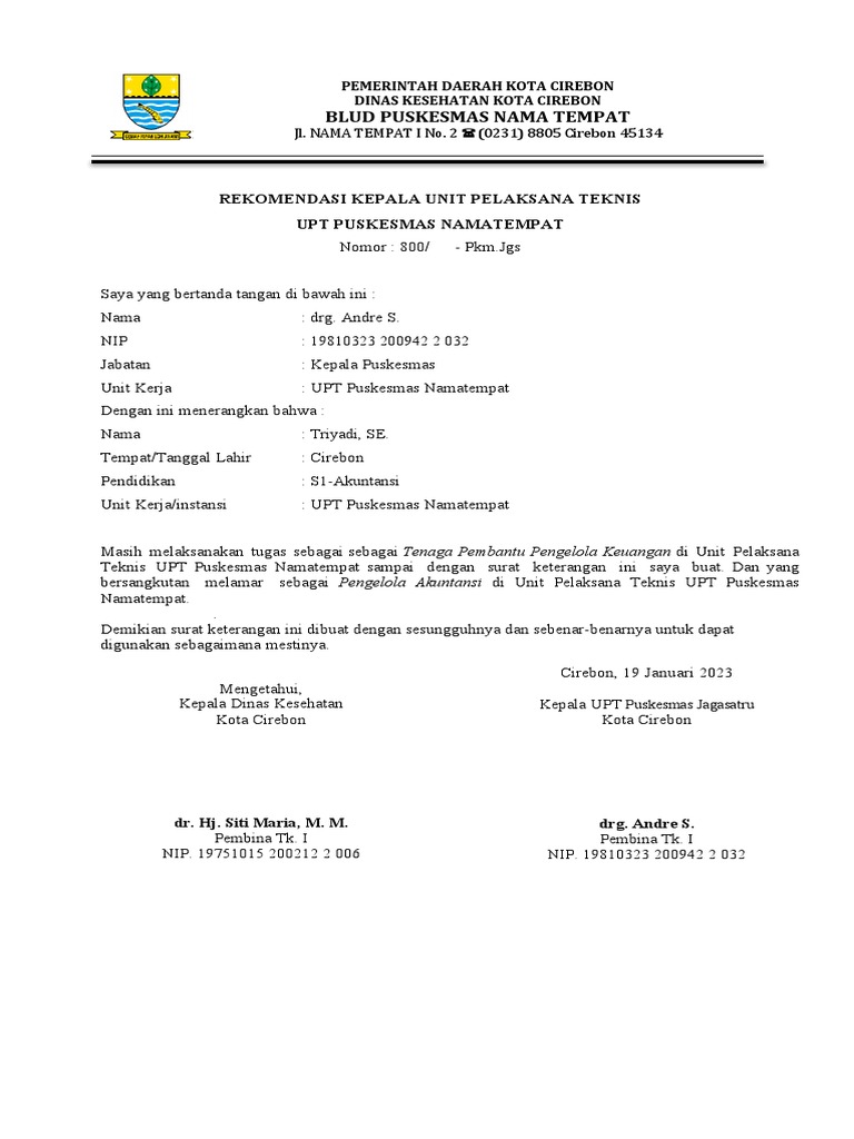 Form Surat Rekomendasi Kepala Unit Pelaksana Teknis | PDF