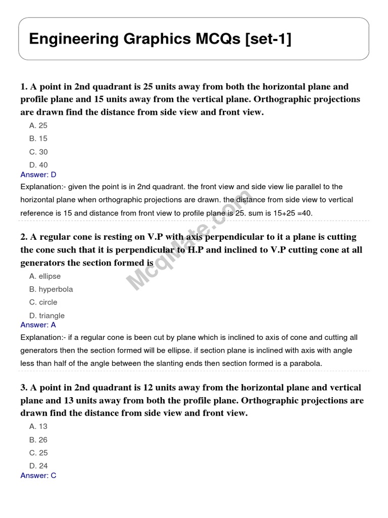 Engineering Graphics (Chapter - More MCQS) Solved MCQs (Set-1) | PDF | Perpendicular | Ellipse