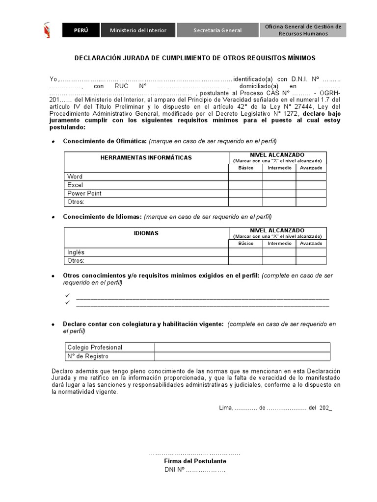 Declaracion Jurada Cumplimiento Requisitos | PDF | Gobierno | Justicia