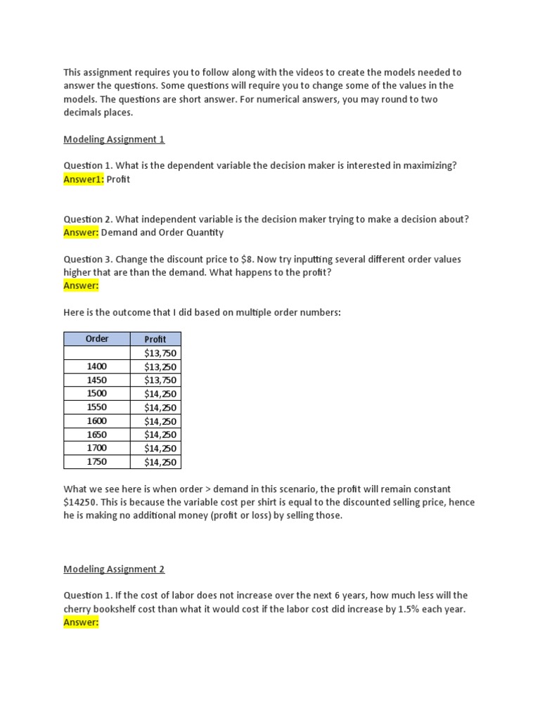 Excel Modeling Assignment Set 1 - Submission | PDF | Profit (Economics) | Business