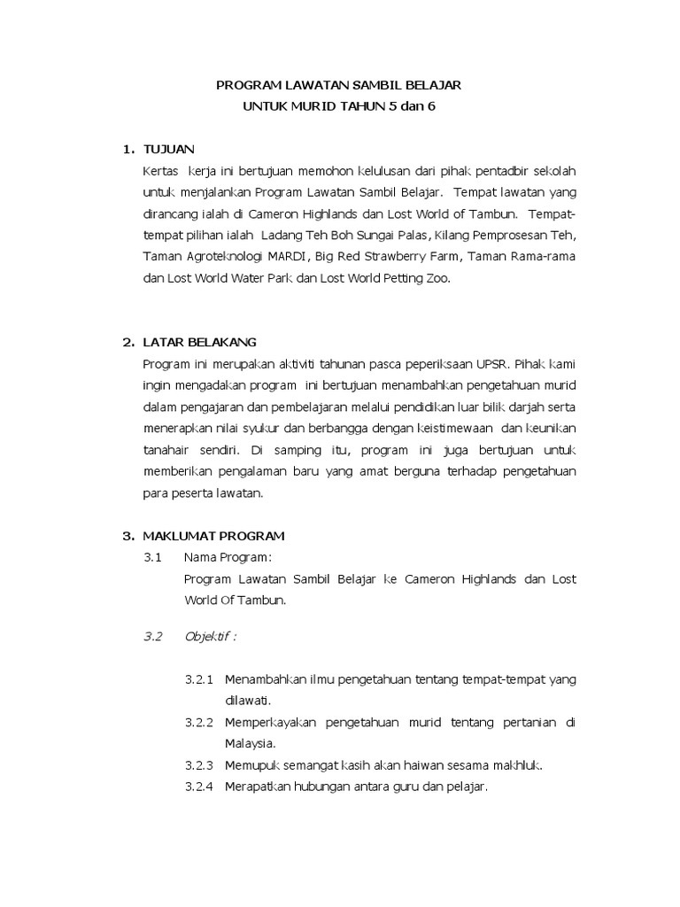 Program Lawatan Sambil Belajar Untuk Murid Tahun 5 Dan 6 1. Tujuan | PDF