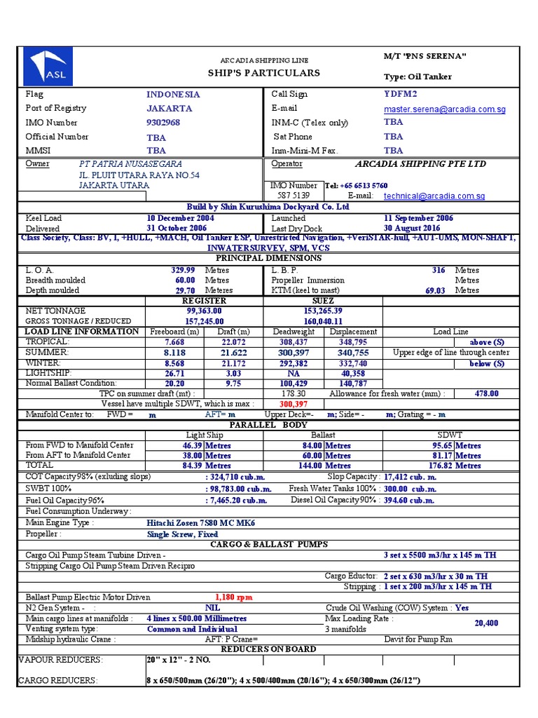Ship Particulars - PNS Serena | PDF | Tonnage | Pump