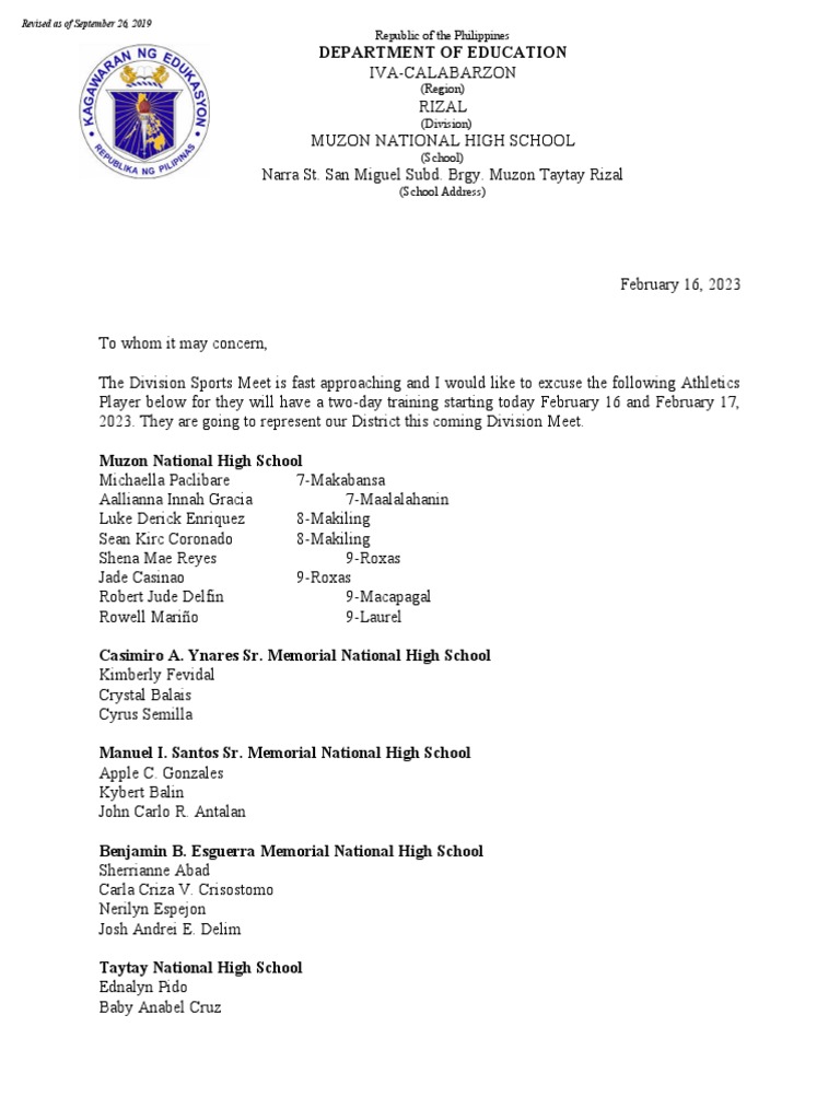 Athletics Excuse Letter MunHS | PDF | High Schools And Secondary ...