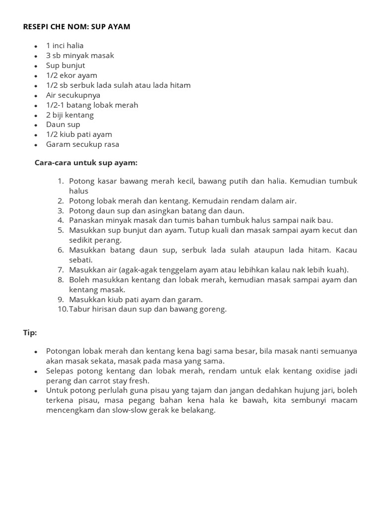 Resepi Sup dan Ayam Paprik Che Nom | PDF