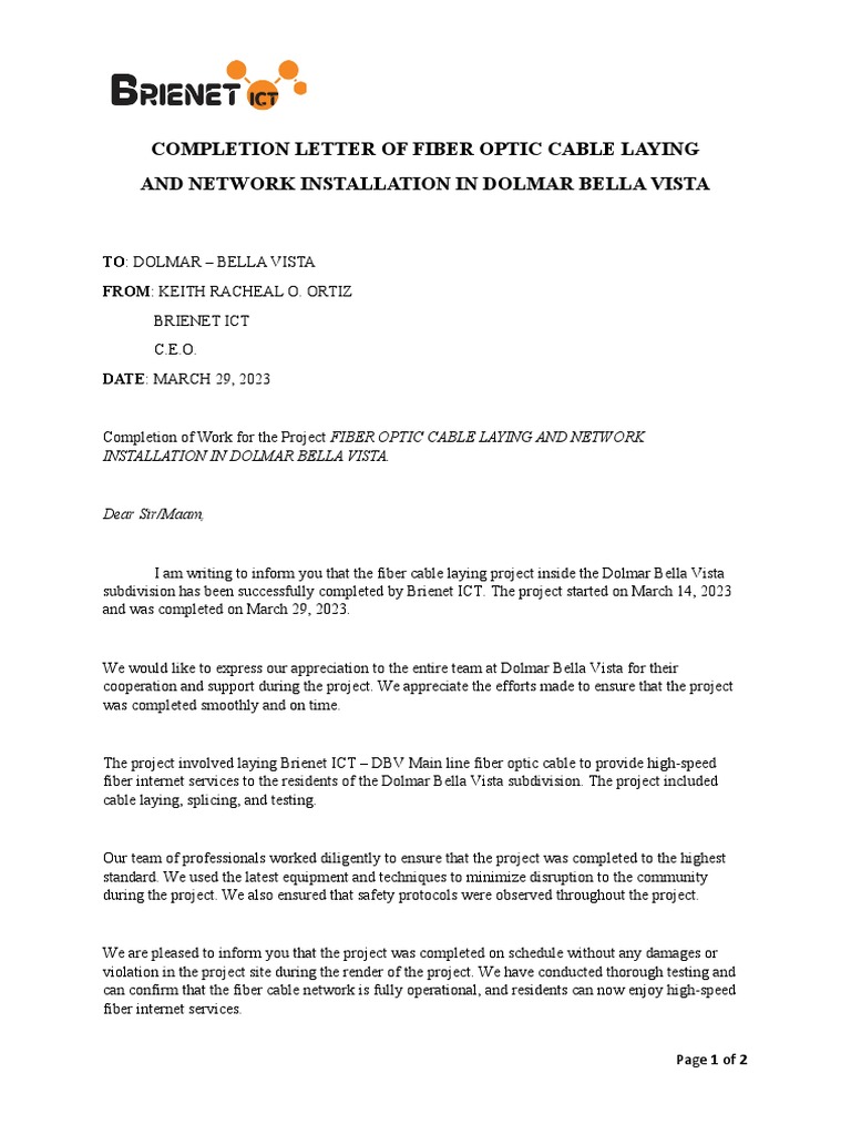 Fiber Optic Project Completion Notice | PDF | Optical Fiber | Communication
