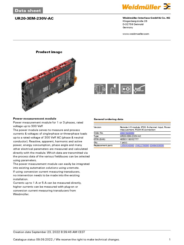 Data Sheet: UR20-3EM-230V-AC | PDF | Alternating Current | Electrical Engineering