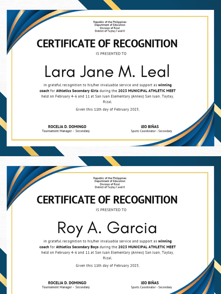 Certificate of Recognition for Winning Coach | PDF
