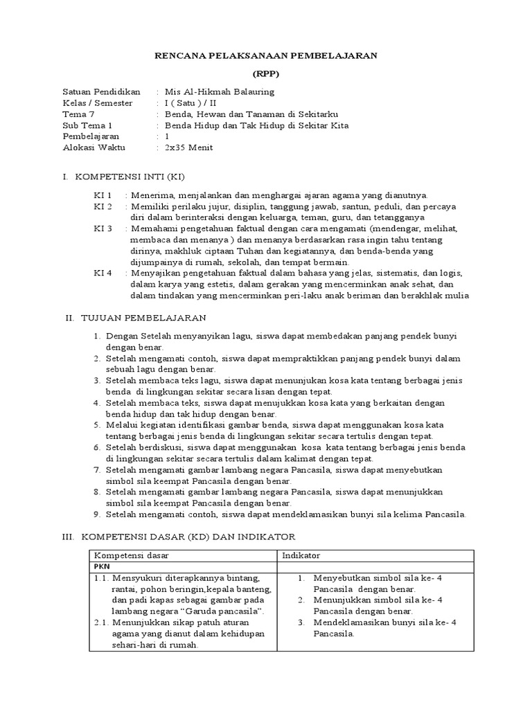 RPP Kelas 1 Tema 7 | PDF