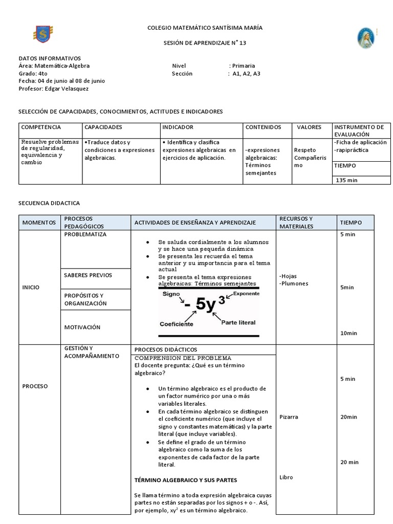 Sesion N°13-Algebra 4to | PDF | Aprendizaje | Matemáticas