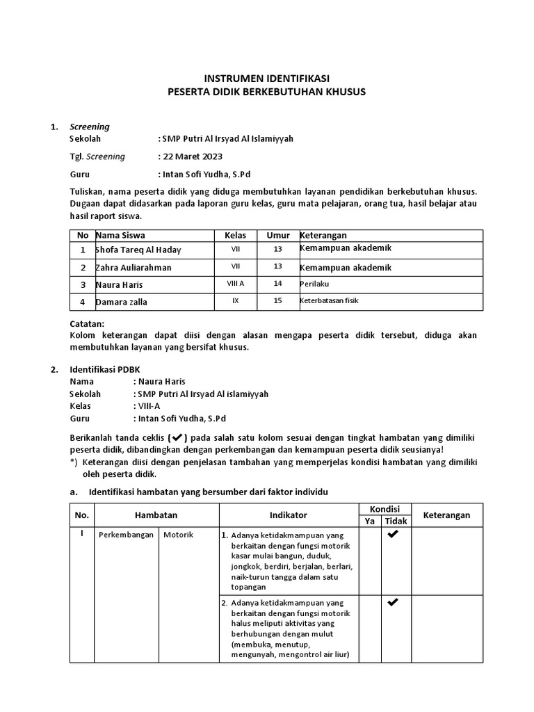 Lembar Kerja 1 Identifikasi PDBK 2023 | PDF