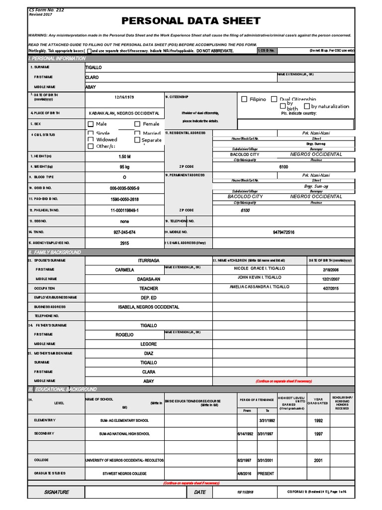 Personal Data Sheet for Claro Tigallo | PDF | Teachers