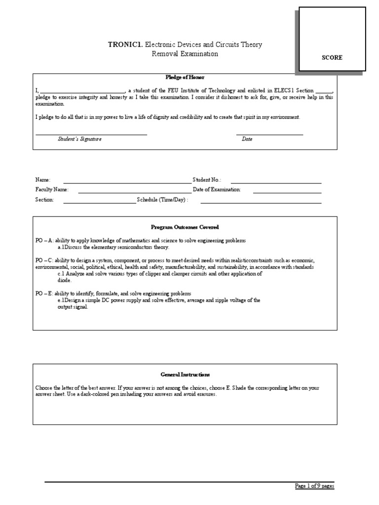 OBE Elecs 1 Midterm Examination - v1 Answer Key | PDF | Diode | Rectifier