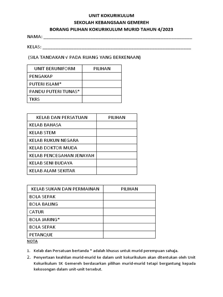 Borang Pilihan Kokurikulum Murid Tahun 4 Pdf