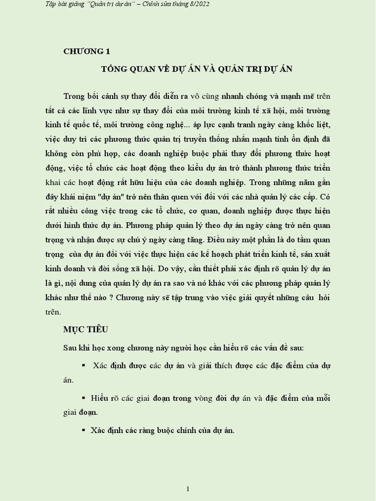 Bai Giang Chuong 1 - Tong Quan Ve Du An Va Quan Tri Du An - 2020 | PDF