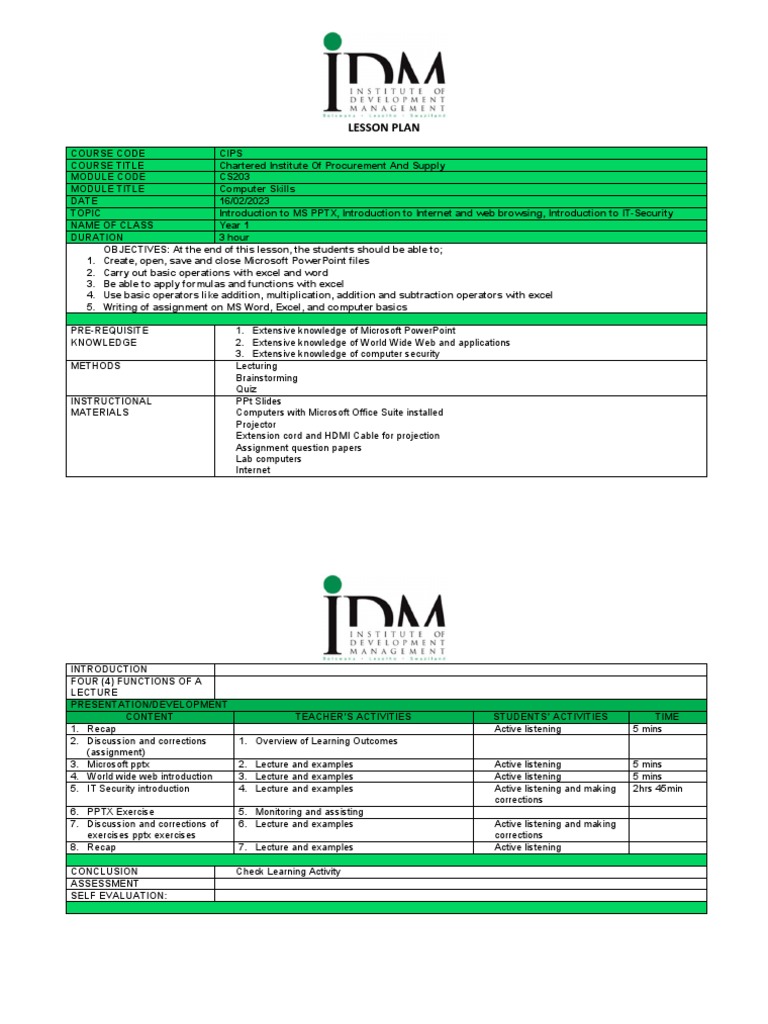 Lesson Plan | PDF | Microsoft Excel | Lecture