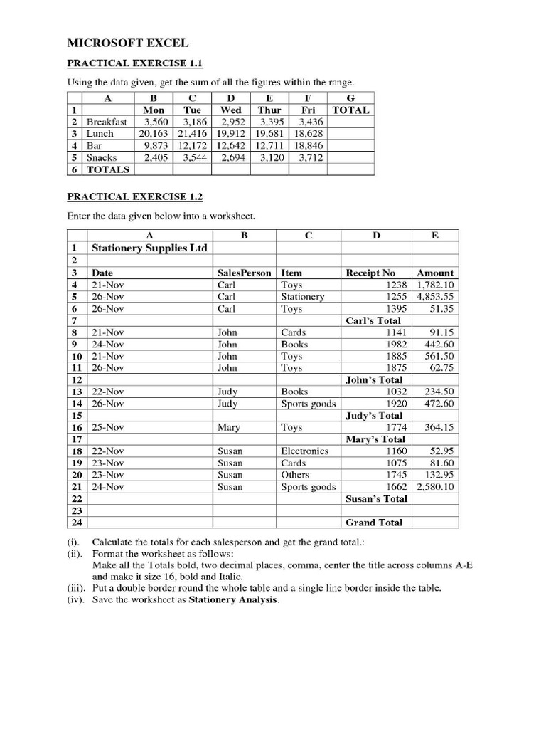 MS Excel Practice Exercises | PDF