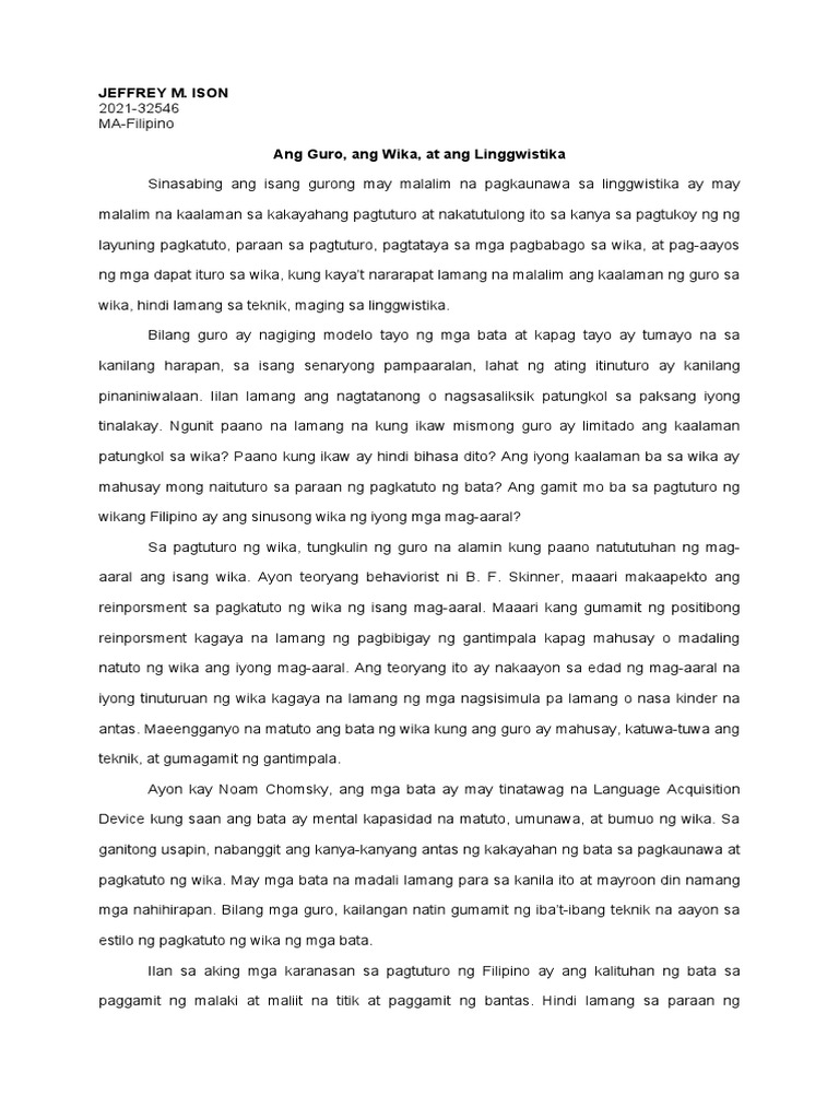 Ang Guro, Ang Wika, at Ang Lingguwistika (Ison, Jeffrey M.) | PDF