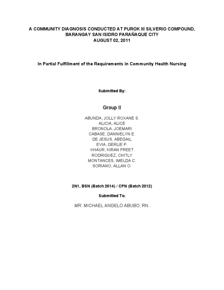 A Community Diagnosis Conducted at Purok Iii Silverio Compound ...