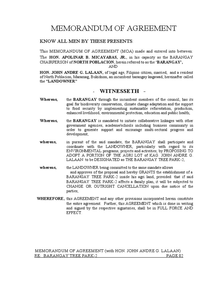 Memorandum of Agreement for Barangay Tree Park-2 | PDF | Environmental Social Science | Natural ...