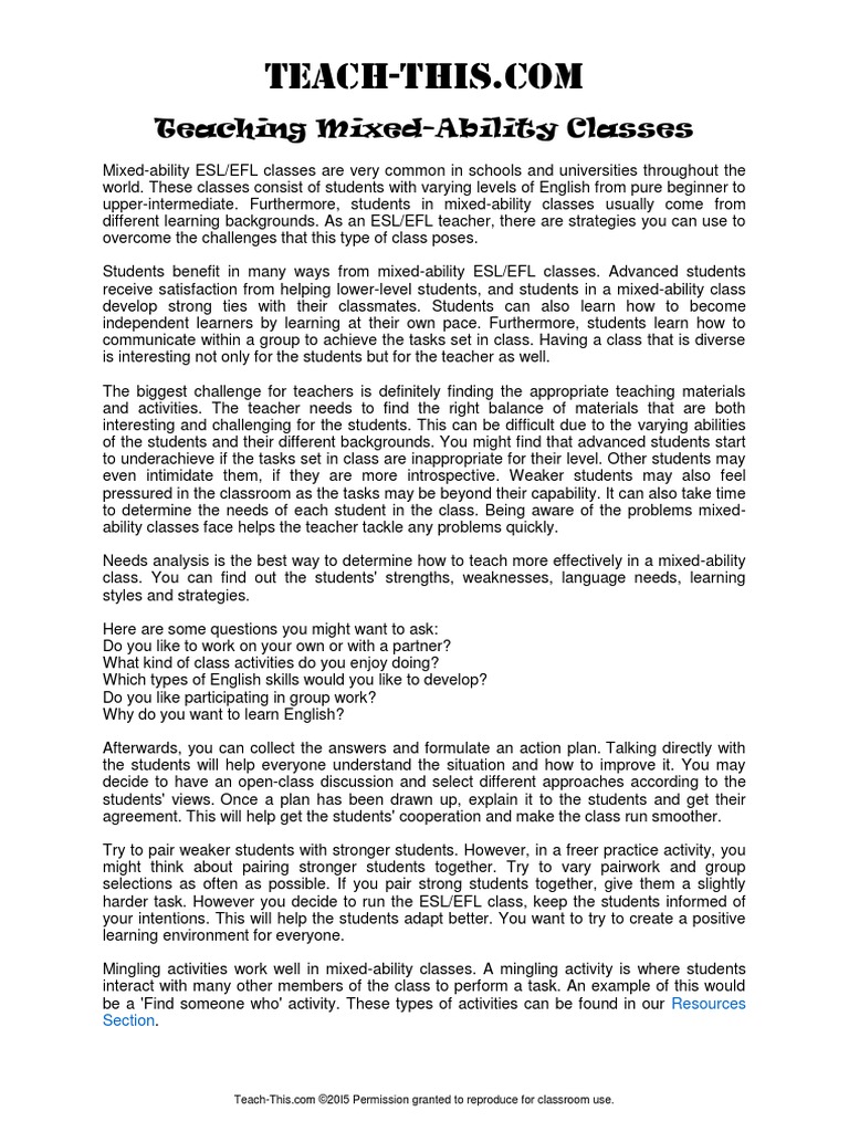 Teaching Mixed-Ability Classes | PDF | English As A Second Or Foreign ...