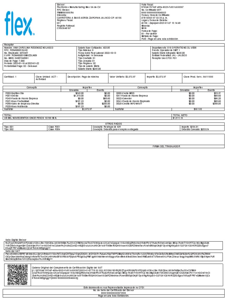 Resumen de nómina de Ana Carolina Resendiz Nolasco en Flextronics Manufacturing Mex SA de CV del ...