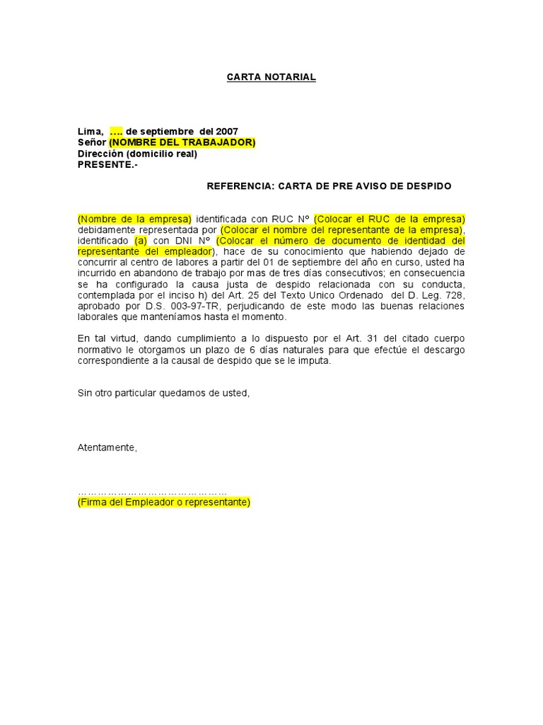 Carta de Preaviso de Despido | PDF