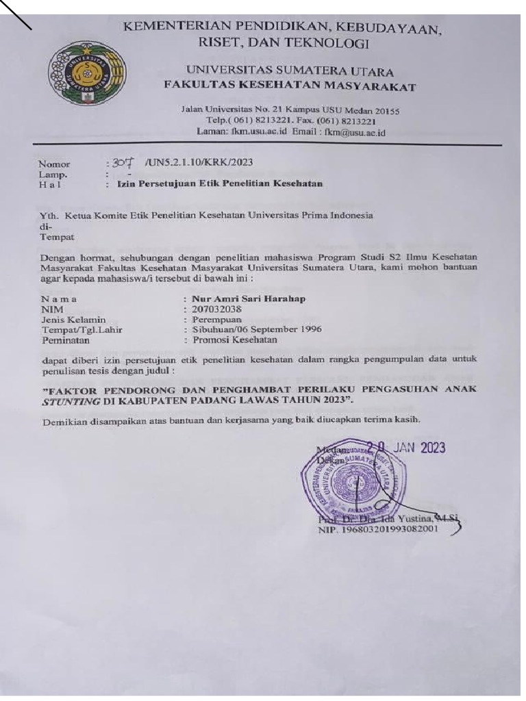Berkas Etical Clearence Nur Amri Sari Harahap (S2 FKM USU) | PDF