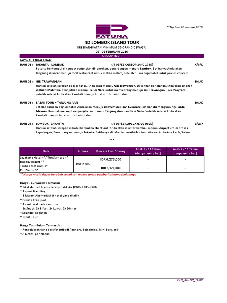 4D Lombok Island Tour (PTN - 4dlop - TGRP Inctv) | PDF