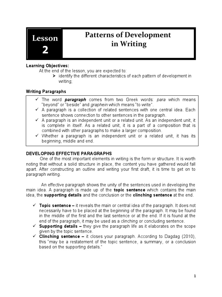 Lesson: Patterns of Development in Writing | PDF | Narration | Definition