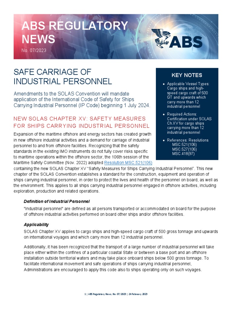 ABS Regulatory News - SOLAS CH XV - IP Code | PDF | Ships | Safety