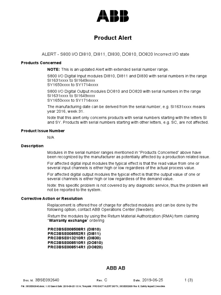 3BSE092640 C en ALERT - S800 I O DI810 DI811 DI830 DO810 DO820 ...