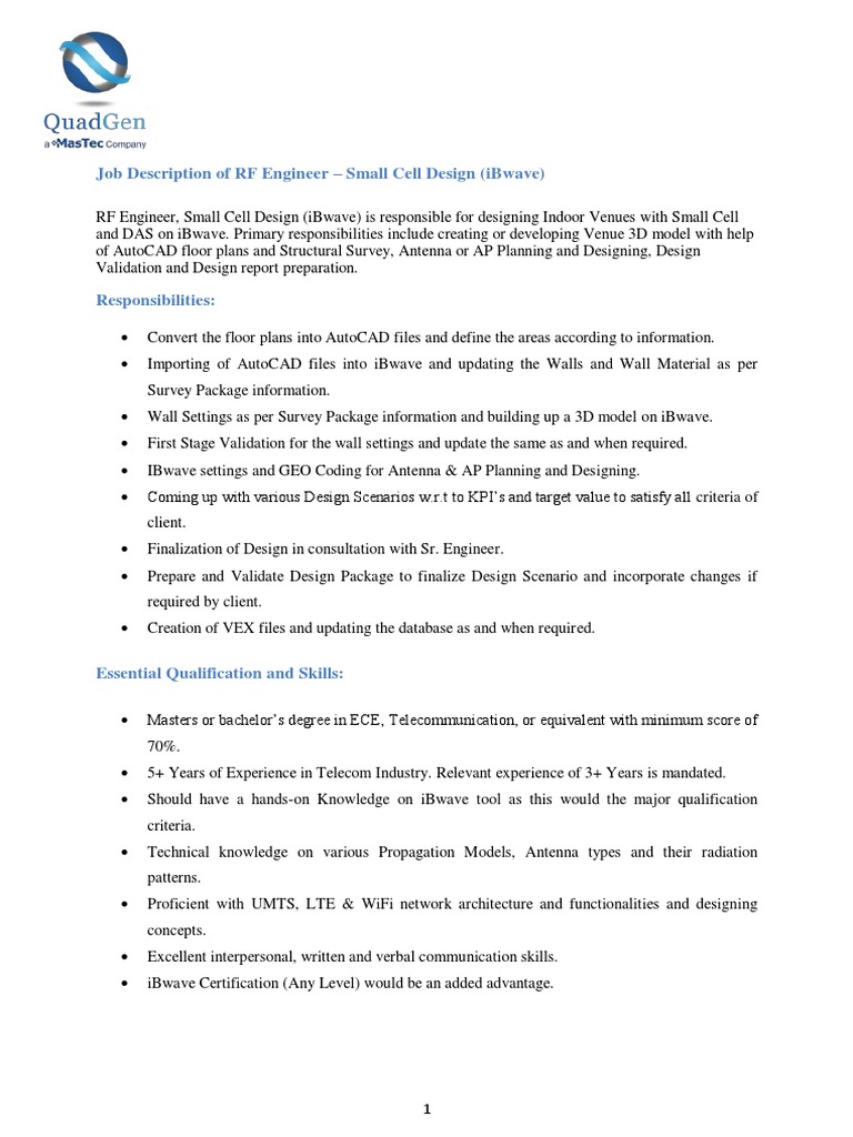RF Engineer - Small Cell Design (Ibwave) - Job Description | PDF ...