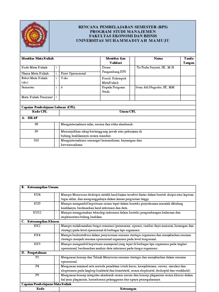 Rencana Pembelajaran Semester (RPS) Program Studi Manaje Men Fakultas ...